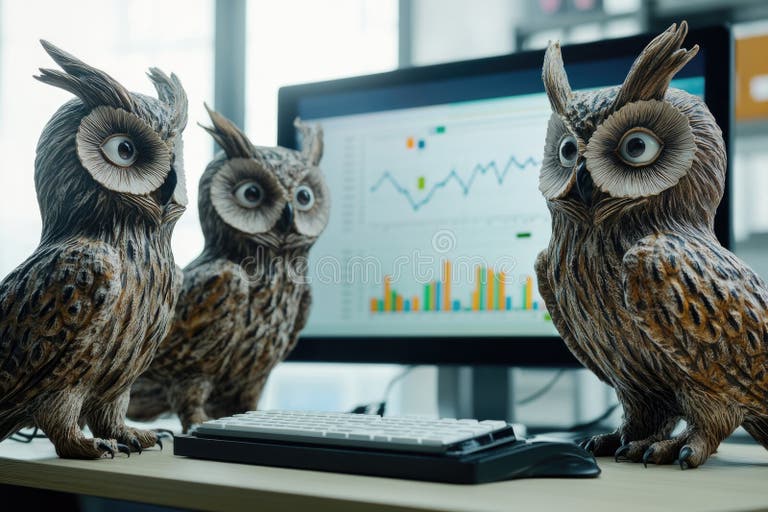 Image of Three Owls Perched on a Desk Next To a Computer, Great for Use ...