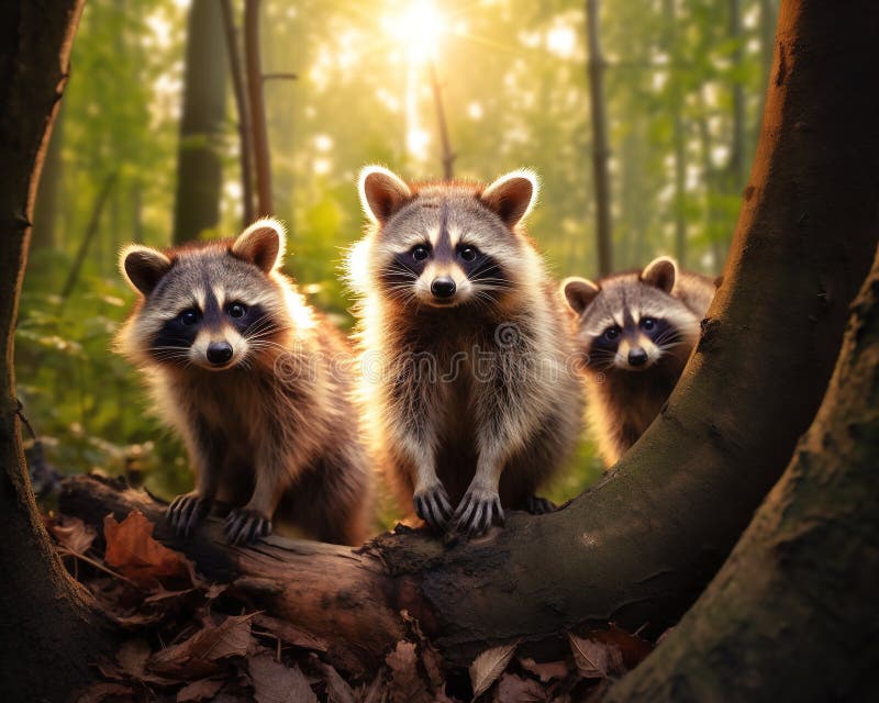 Three Racoons are Standing in a Forest. Stock Illustration ...