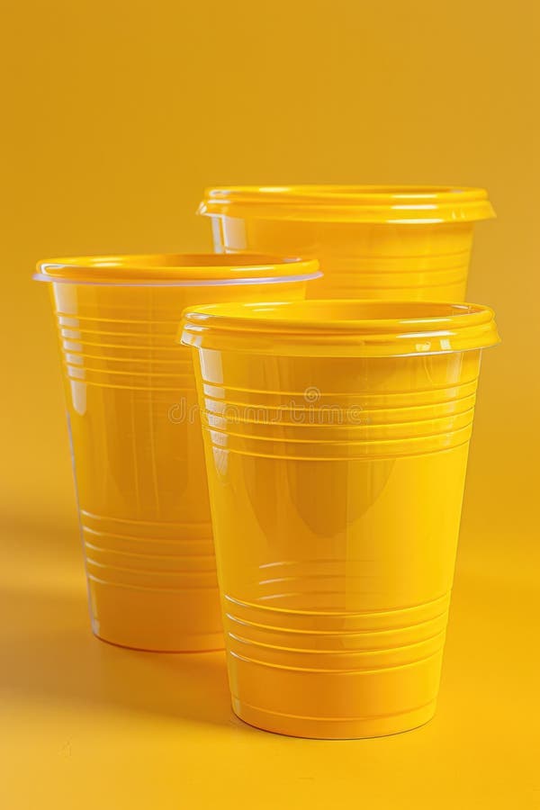 Image of Three Yellow Plastic Cups on a Bright Yellow Background Stock ...