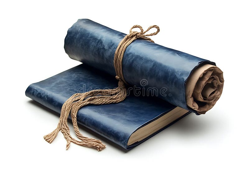 Blue Leather Bound Journal with Rolled Manuscript Scroll Still Life ...