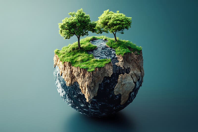 Floating Earth Globe with Trees and River Ecosystem Illustration ...