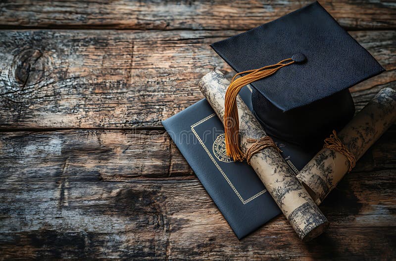Graduation Cap Diploma and Scrolls on a Rustic Wooden Surface ...