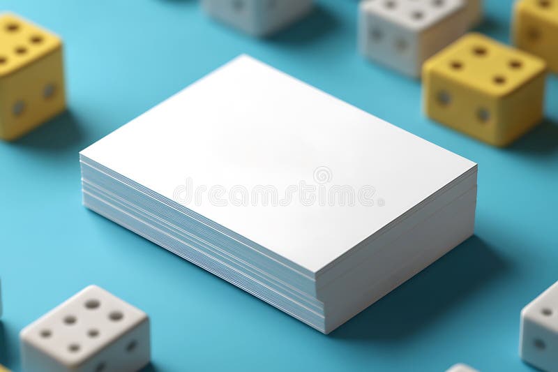 Stack of White Paper Sheets with Dice on a Blue Background Mockup Stock ...