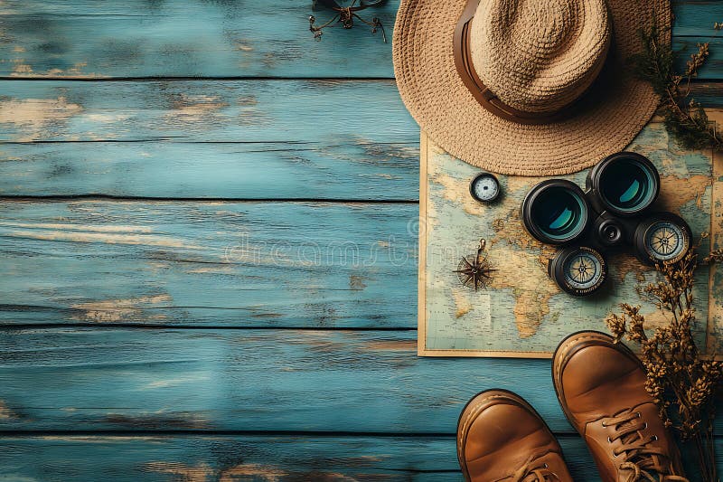 Travelers Essentials Flat Lay with Map Binoculars Hat and Boots on ...