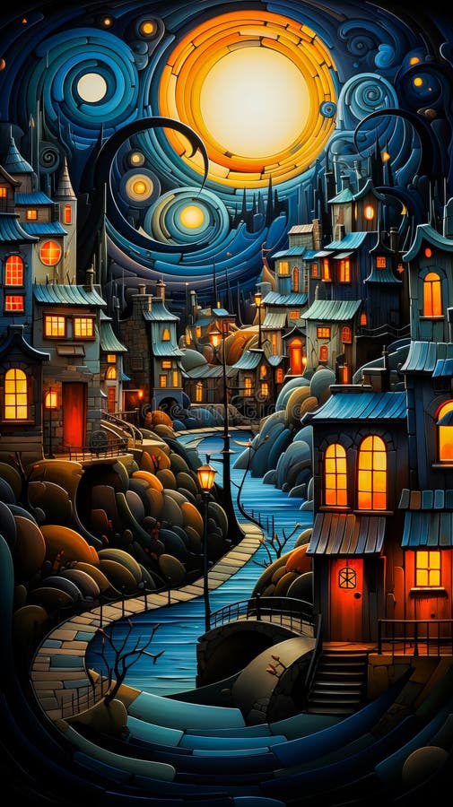 Image of Town at Night with Full Moon. Generative AI Stock Illustration ...