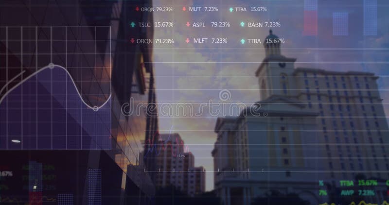 Image of Trading Board and Graphs Over Low Angle View of Buildings ...