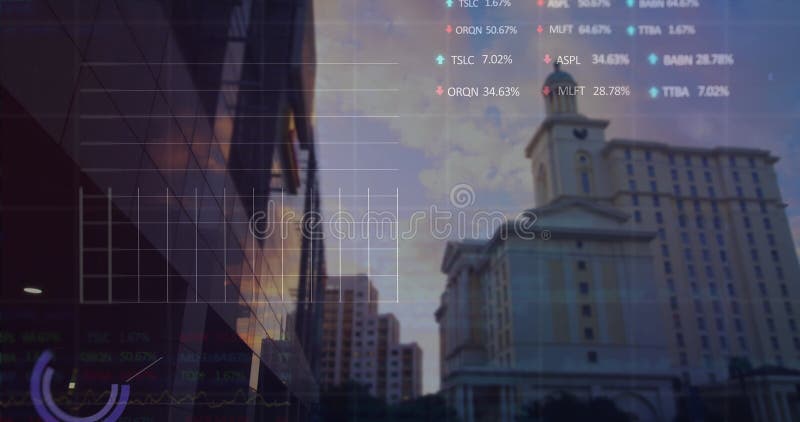 Image of Trading Board and Graphs Over Low Angle View of Buildings ...