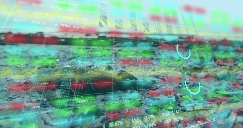 Image of Trading Board and Graphs Over Low Angle View of Garbage on ...