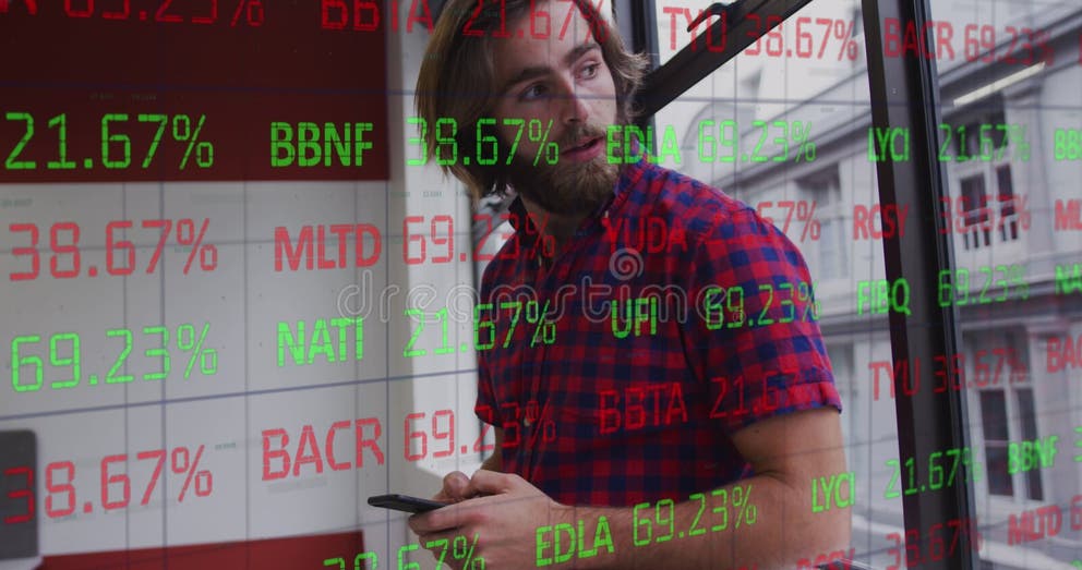 Image of Trading Board on Grid Pattern Over Caucasian Man Using ...