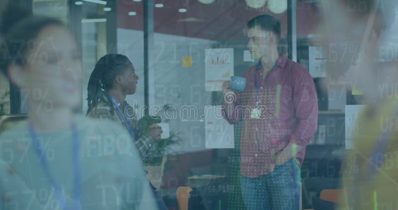 Image of Trading Board Over Multiracial Coworkers Discussing Reports in ...