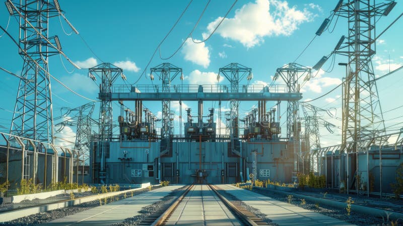 Image of a Train Station with Power Lines and Electrical Towers in the ...