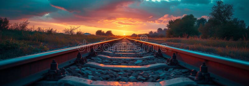 An Image of a Train Tracks on a Sunset Stock Photo - Image of horizon ...