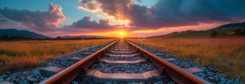 An Image of a Train Tracks on a Sunset Stock Photo - Image of nature ...