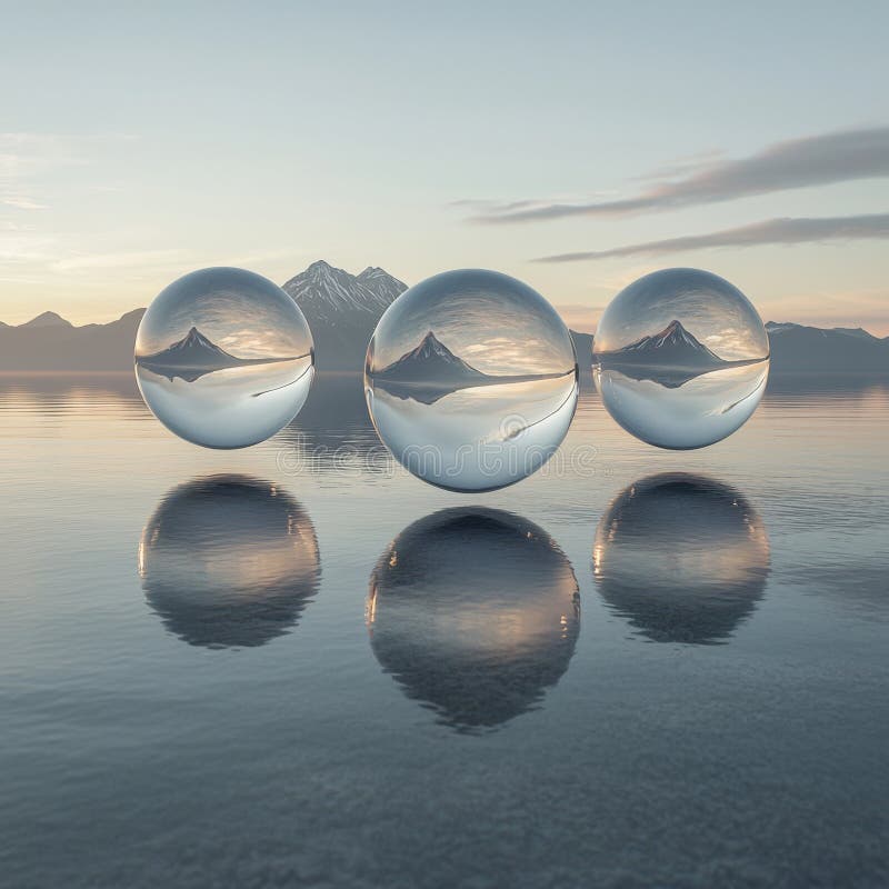 An Image of a Tranquil Landscape with Reflective Spheres on Water ...