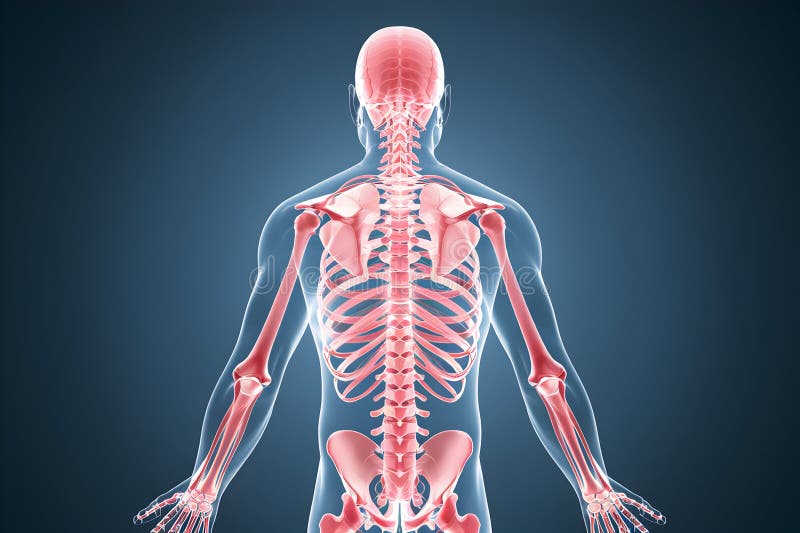 Transparent Figure with Skeletal and Nervous Systems Against Blue ...