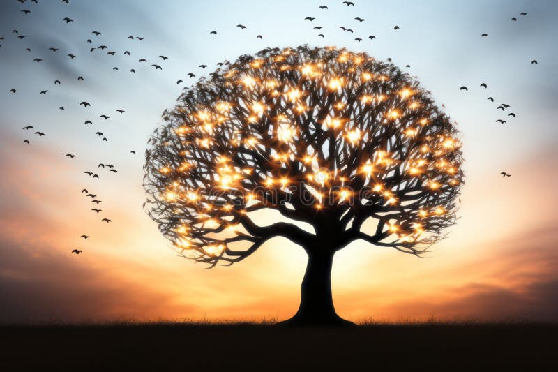 An Image of a Tree with Birds Flying Around it Stock Illustration ...