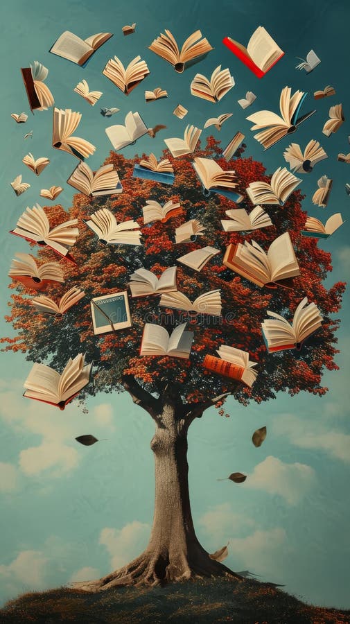 Books Flying from Tree Illustration Stock Image - Image of colorful ...