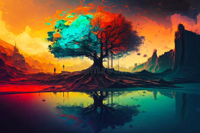 An Image of Tree in the Middle of Colorful Landscape. Generative AI ...