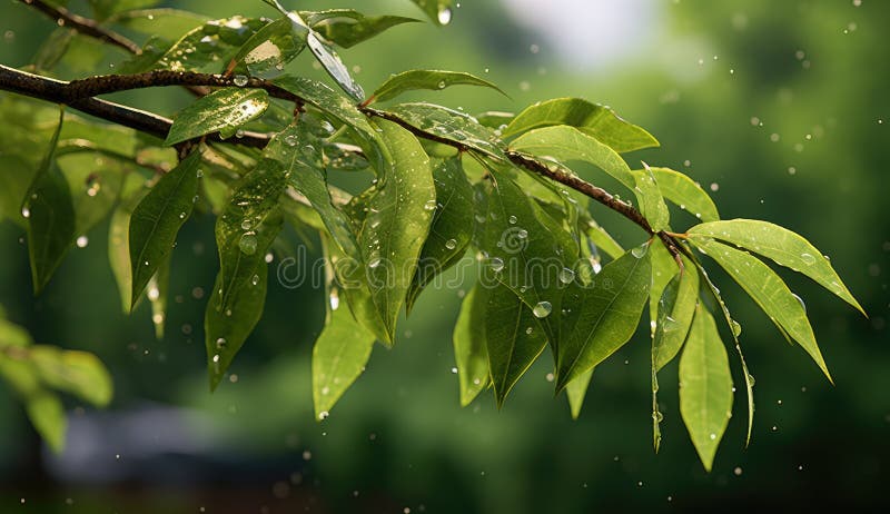 An Image of a Tree with Rain Drops and Green Leaves Stock Photo - Image ...