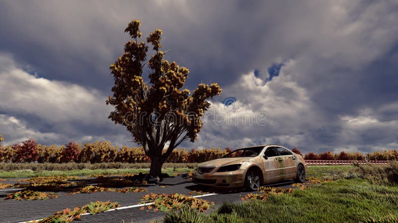 Tree on the Road and Old Car Stock Illustration - Illustration of ...