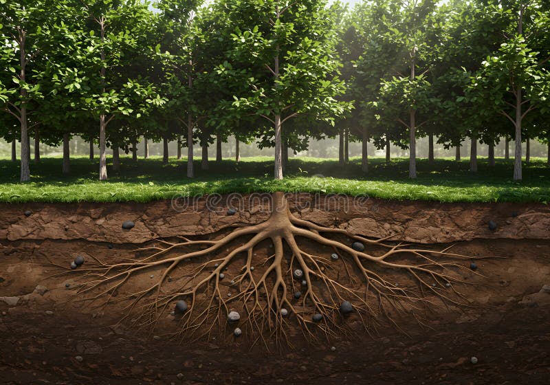 Tree roots underneath soil stock illustration. Illustration of roots ...