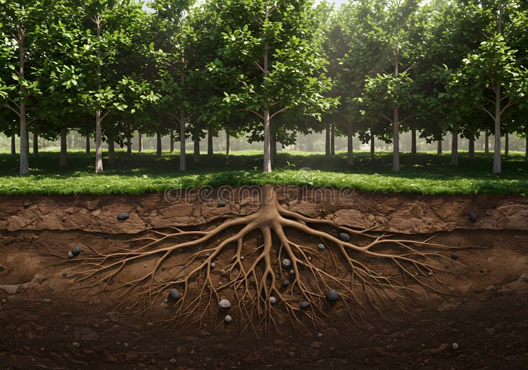 Tree roots underneath soil stock illustration. Illustration of roots ...