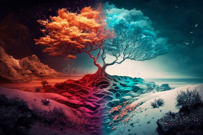 An Image of Tree with Two Different Colors. Generative AI Stock ...