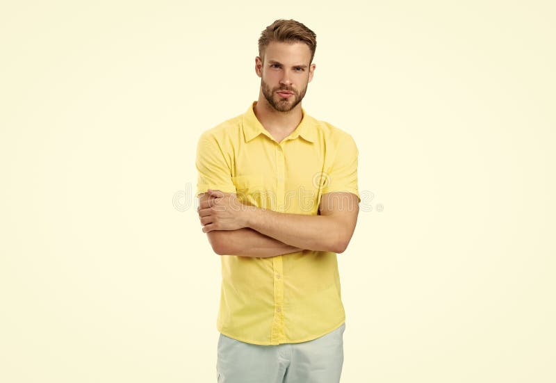 Image of Trendy Man Wearing Yellow Shirt. Trendy Man Isolated on White ...
