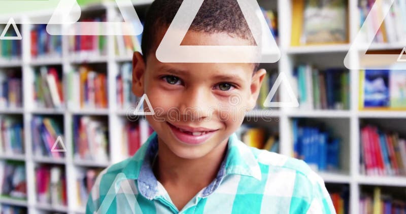 Image of Triangles Over Close Up of Smiling Biracial Boy Standing in ...