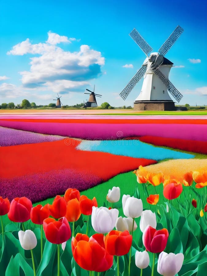 Image of Tulip Fields, Fluffy Clouds and Windmill in the Beautiful ...