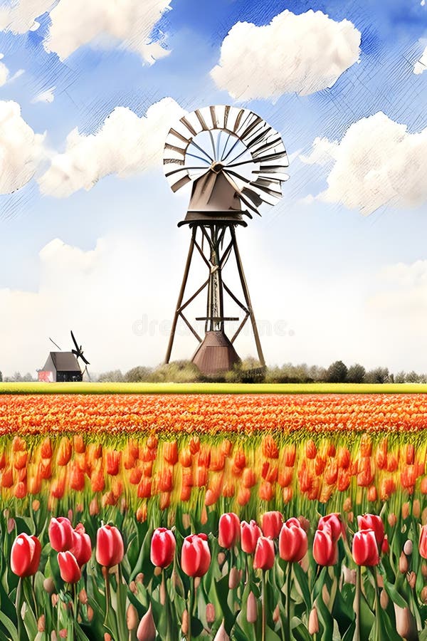 Image of Tulip Fields, Fluffy Clouds and Windmill in the Beautiful ...