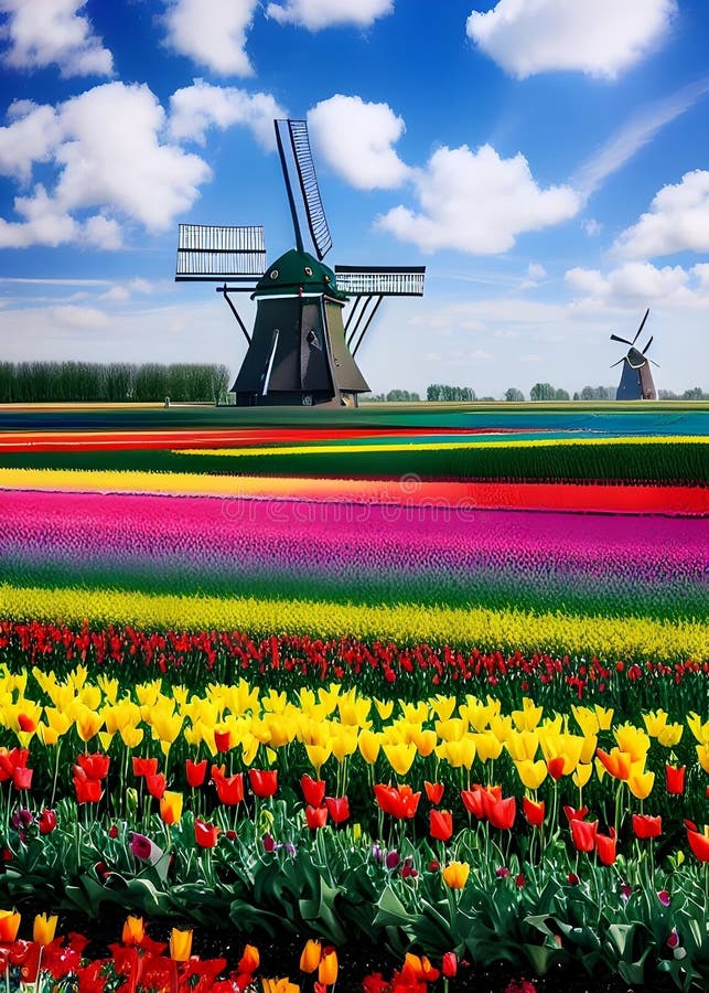 Image of Tulip Fields, Fluffy Clouds and Windmill in the Beautiful ...
