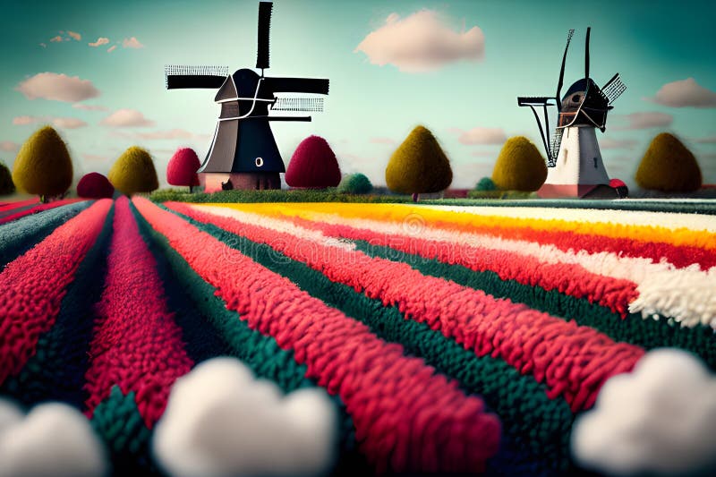 Image of Tulip Fields, Fluffy Clouds and Windmill in the Beautiful ...