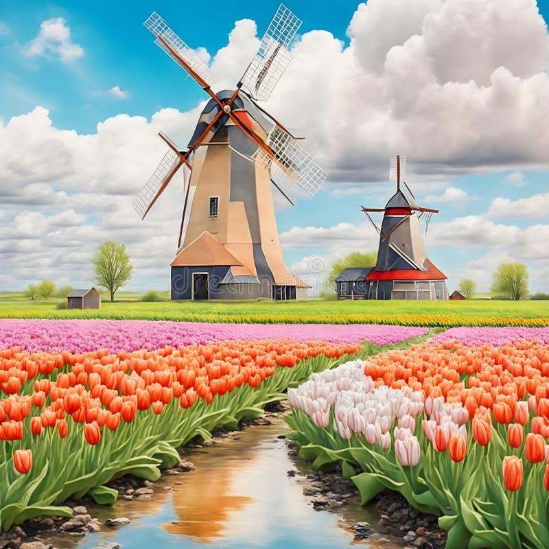 Image of Tulip Fields, Fluffy Clouds and Windmill in the Beautiful Landscape of Netherlands ...