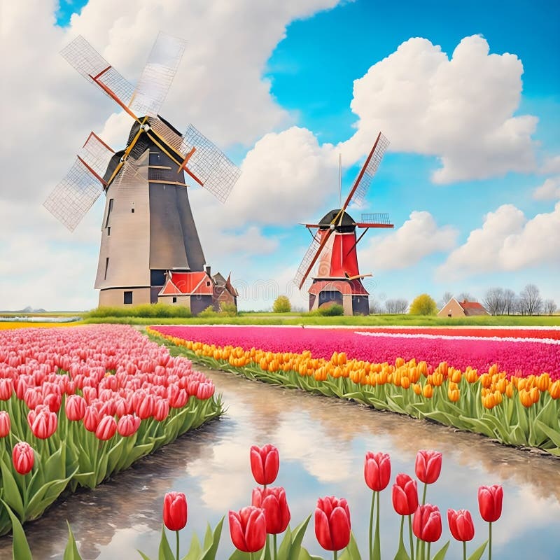 Image of Tulip Fields, Fluffy Clouds and Windmill in the Beautiful ...