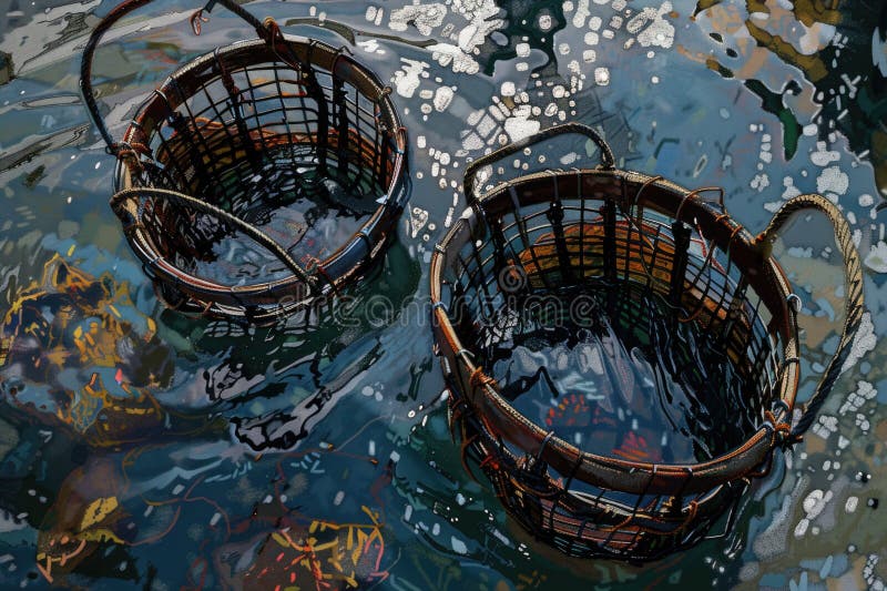 Image of Two Baskets Floating on Calm Water with Reflections Stock ...