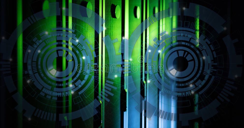 Image of Two Blue Round Scanner Spinning Against Computer Server Room ...