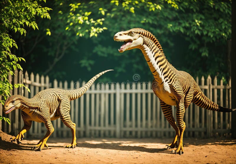 Image of Two Dinosaurs Standing Next To a Fence. Stock Image - Image of ...