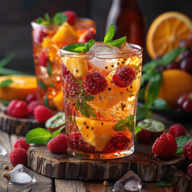 Image of Two Fruit-infused Beverages Served on a Wooden Surface ...