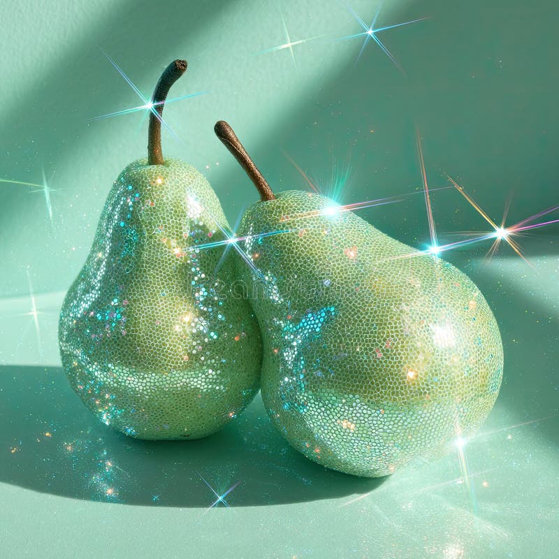 Image of Two Glittery Green Pears on a Light Surface, Softly Lit ...