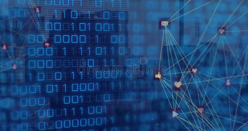Image of Two Globes of Digital Icons and Binary Coding Data Processing Against Blue Background ...