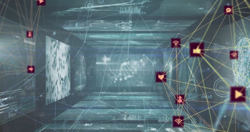 Image of Two Globes of Digital Icons Spinning Against Screens with ...