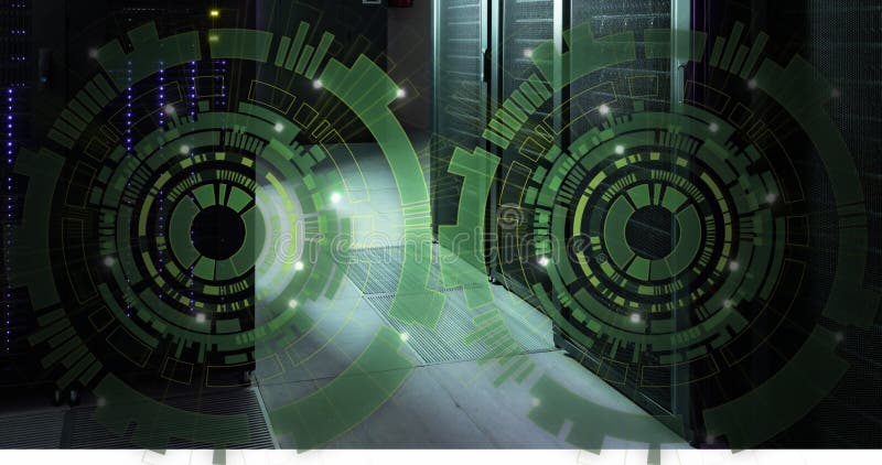 Image of Two Green Round Scanners Spinning Against Computer Server Room ...