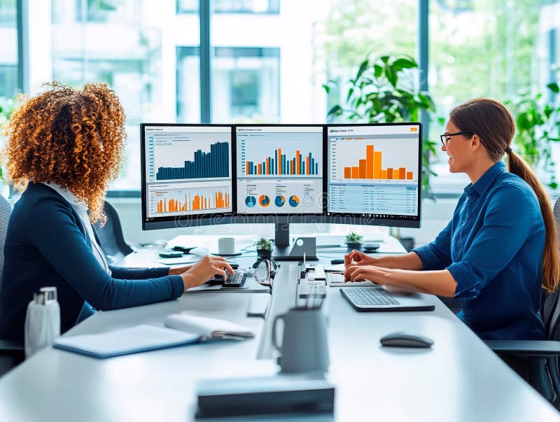 Image of Two Individuals Working with Monitors Displaying Graphs ...