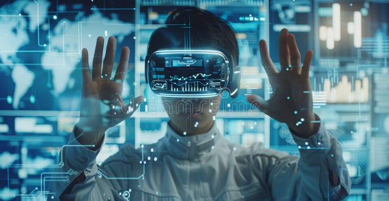 Two Individuals Using Virtual Reality Headsets Interact with Digital ...