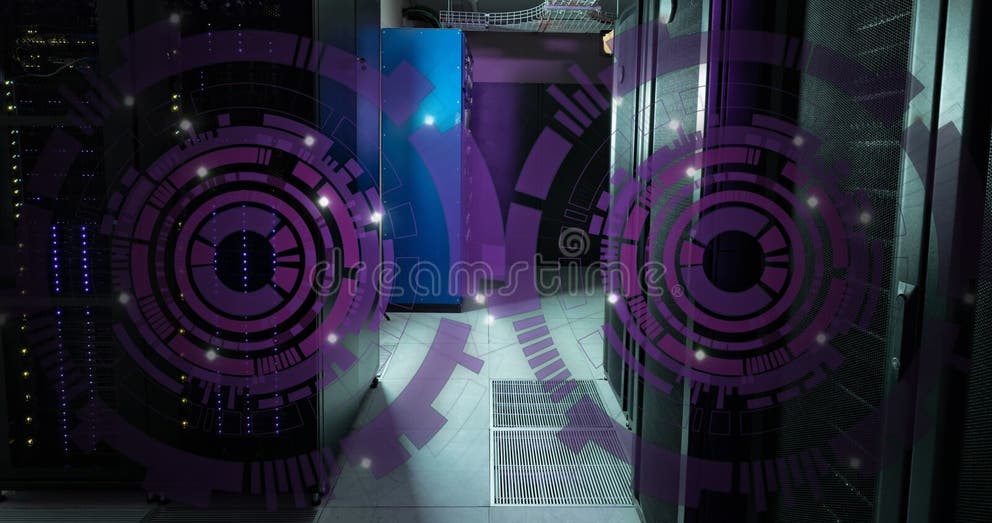 Image of Two Purple Round Scanner Spinning Against Computer Server Room ...