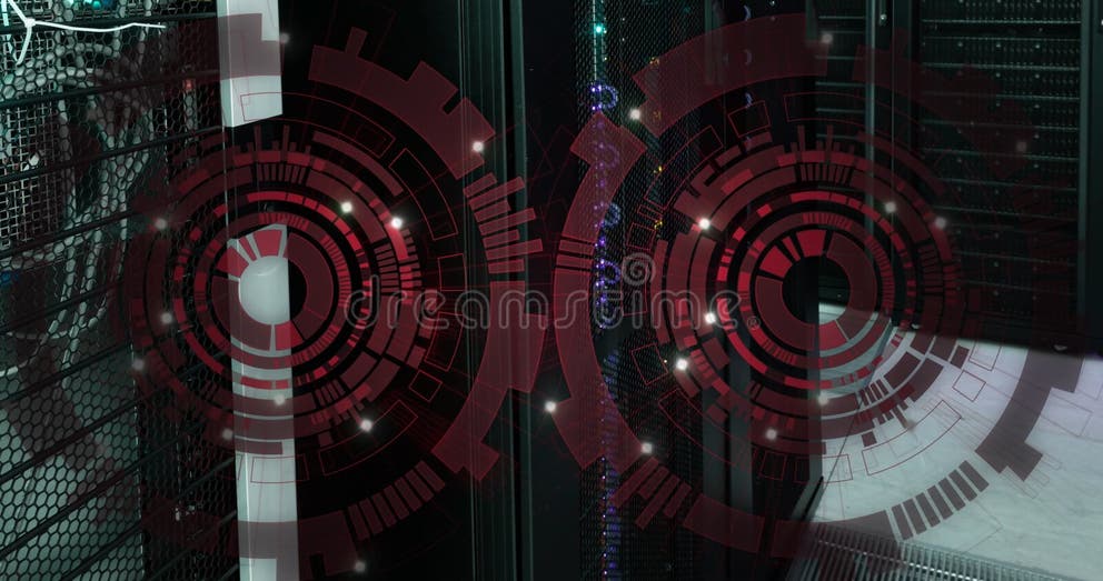 Image of Two Red Round Scanners Spinning Against Computer Server Room ...