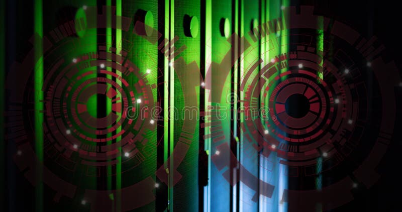 Image of Two Red Round Scanners Spinning Against Computer Server Room ...