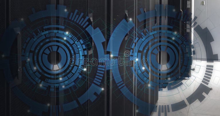 Image of Two Round Scanners Spinning Against Computer Server Room Stock ...