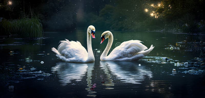 Image of Two Swans in a Pond Stock Photo - Image of blue, black: 334199366